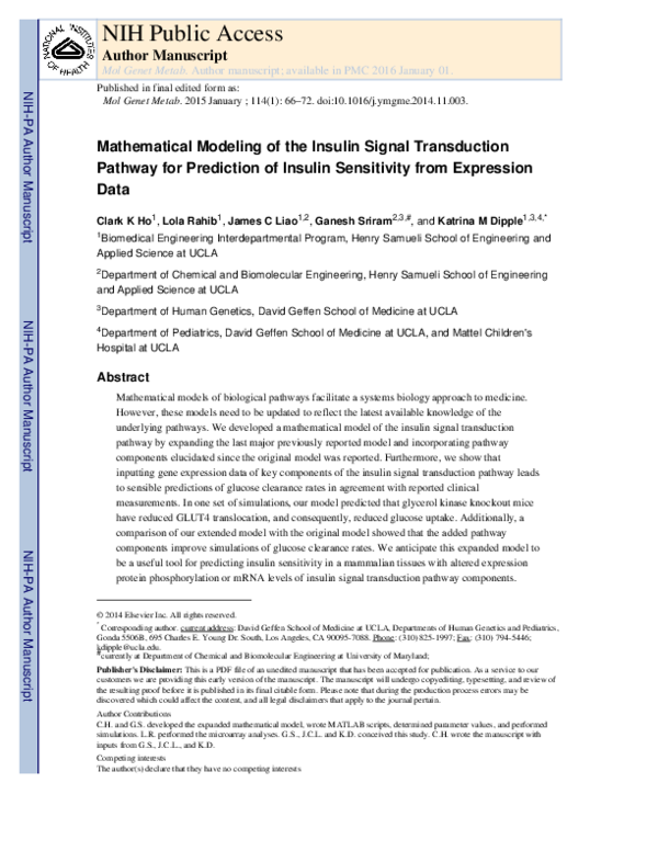 (PDF) Mathematical modeling of the insulin signal transduction pathway for prediction of insulin ...