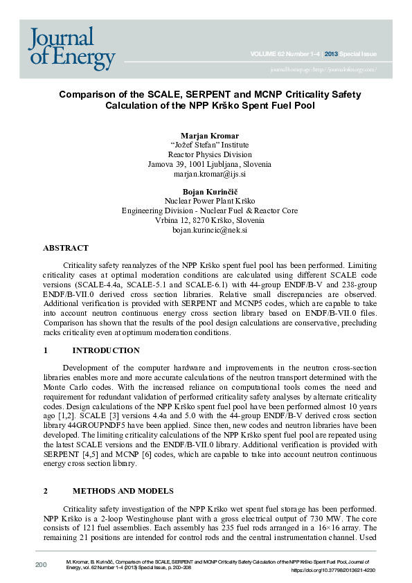 (PDF) Comparison of the SCALE, SERPENT and MCNP Criticality Safety Calculation of the NPP Krško ...