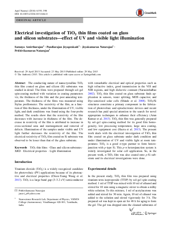 Pdf Electrical Investigation Of Tio2 Thin Films Coated On Glass And Silicon Substrates—effect