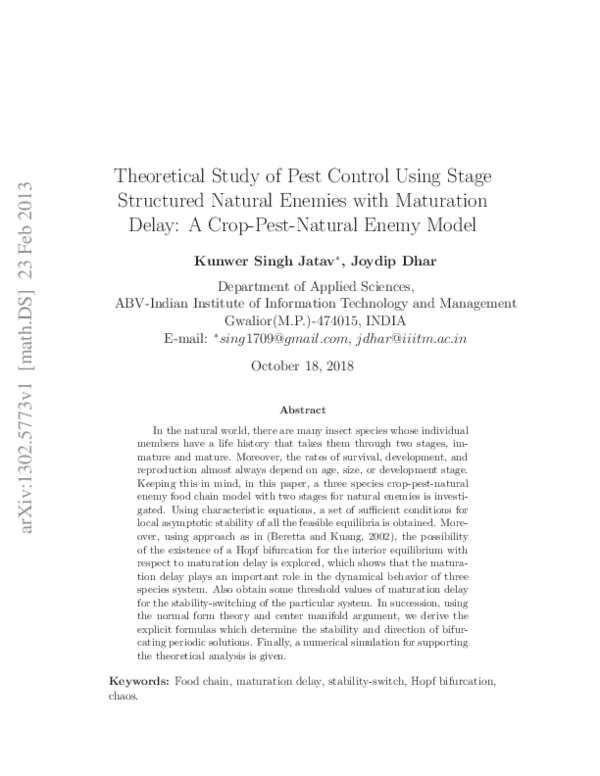 (PDF) Theoretical Study of Pest Control Using Stage Structured Natural Enemieswith Maturation ...