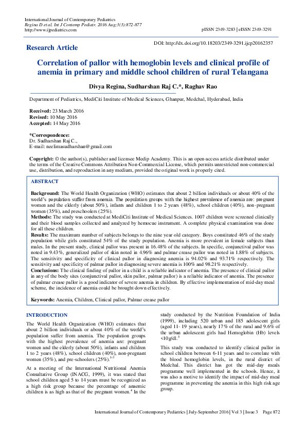 (PDF) Correlation of pallor with hemoglobin levels and clinical profile ...