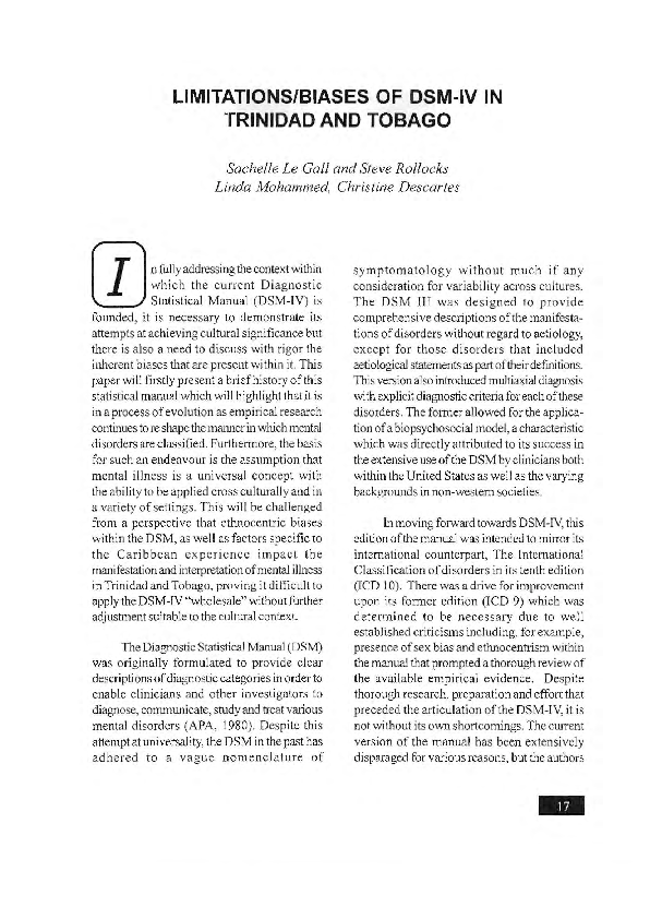 (PDF) Limitations/Biases of DSMIV in Trinidad and Tobago