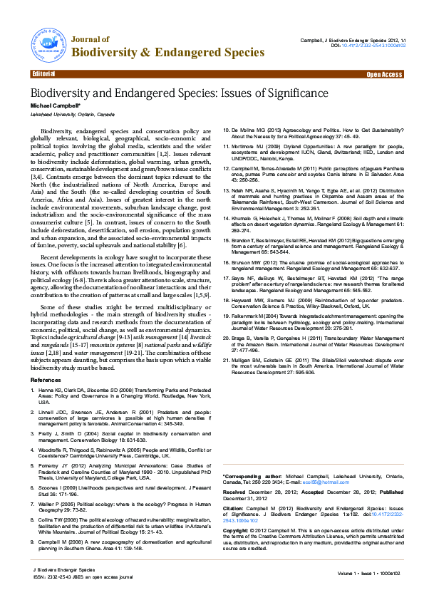 (PDF) Biodiversity and Endangered Species: Issues of Significance