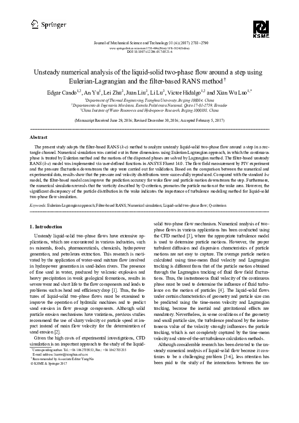 Pdf Unsteady Numerical Analysis Of The Liquid Solid Two Phase Flow Around A Step Using