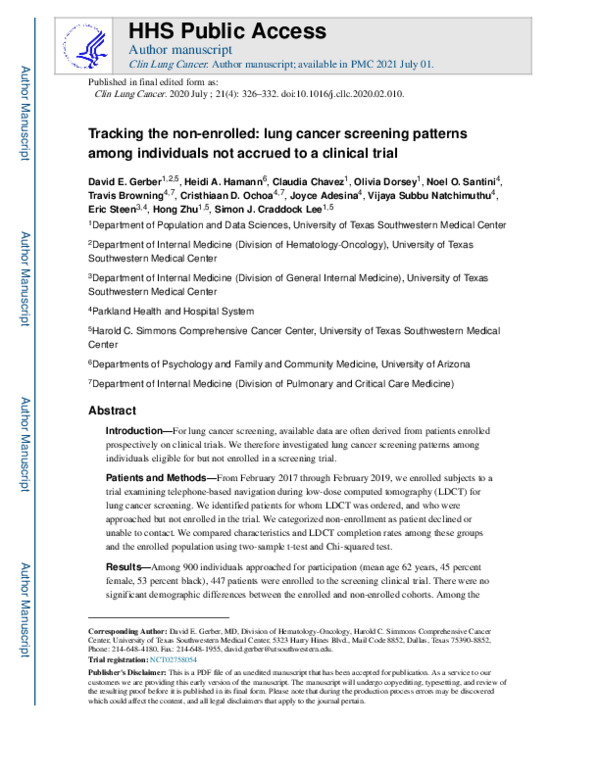 (PDF) Tracking the Nonenrolled: Lung Cancer Screening Patterns Among ...