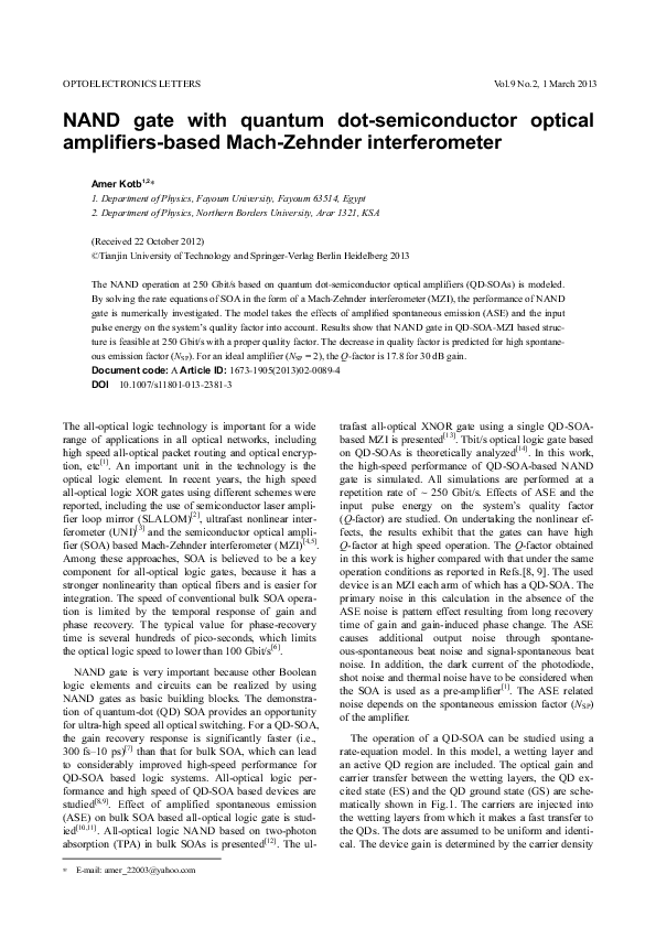(PDF) NAND gate with quantum dot-semiconductor optical amplifiers-based Mach-Zehnder interferometer