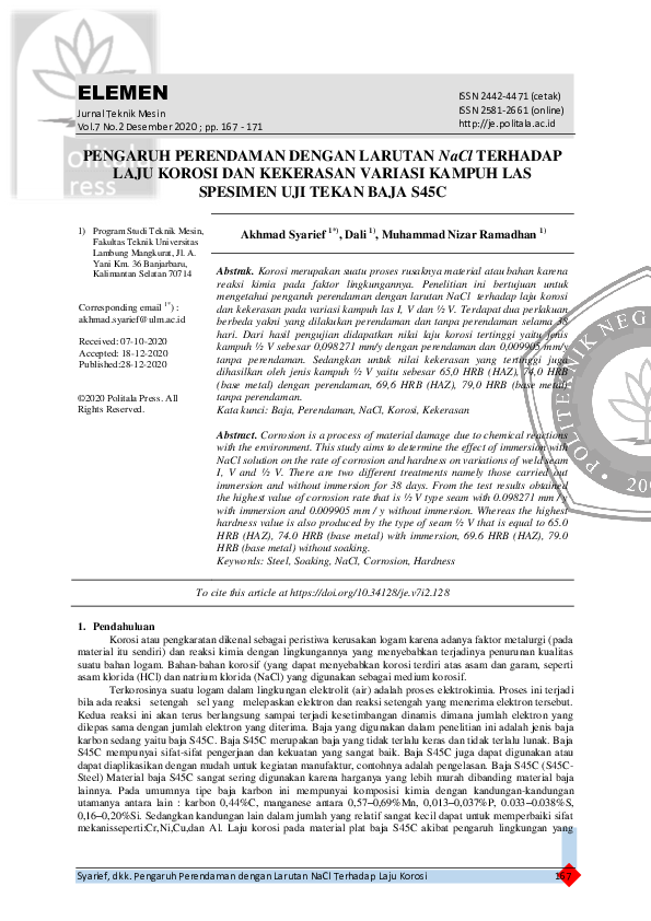 (PDF) Pengaruh Perendaman Dengan Larutan Nacl Terhadap Laju Korosi Dan Kekerasan Variasi Kampuh ...