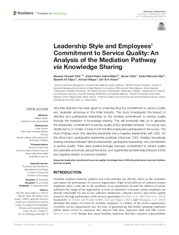 (PDF) Leadership Style and Employees' Commitment to Service Quality: An Analysis of the ...