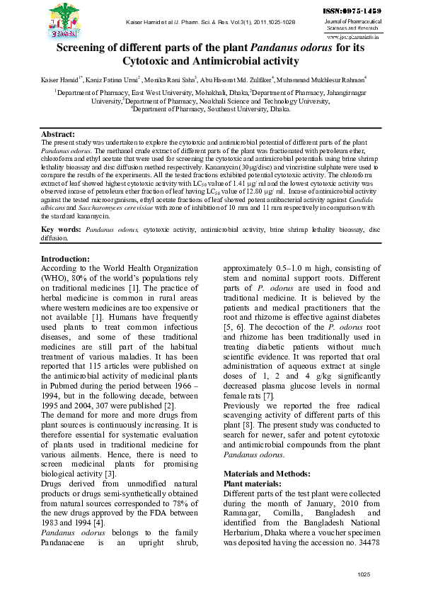 (PDF) Screening of different parts of the plant Pandanus odorus for its ...