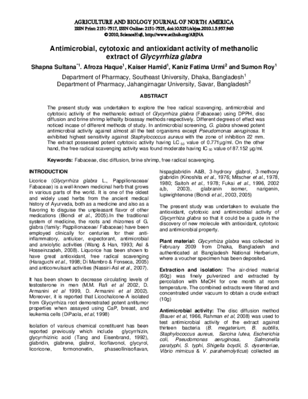 (PDF) Antimicrobial, cytotoxic and antioxidant activity of methanolic extract of Glycyrrhiza glabra