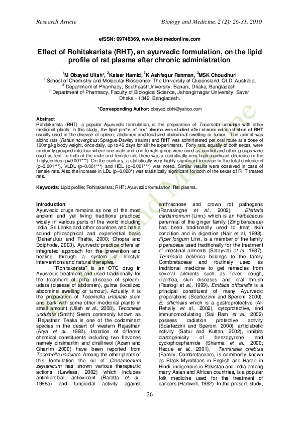 (PDF) Effect of Rohitakarista (RHT), an ayurvedic formulation, on the lipid profile of rat ...