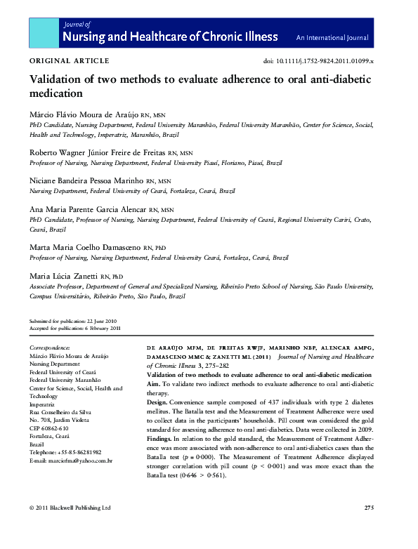 (PDF) Validation of two methods to evaluate adherence to oral anti-diabetic medication | Ana ...