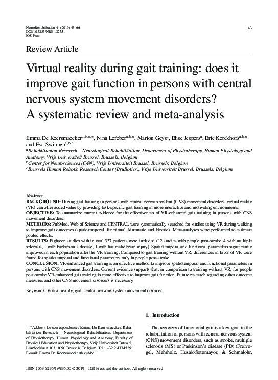 (PDF) Virtual reality during gait training: does it improve gait function in persons with ...