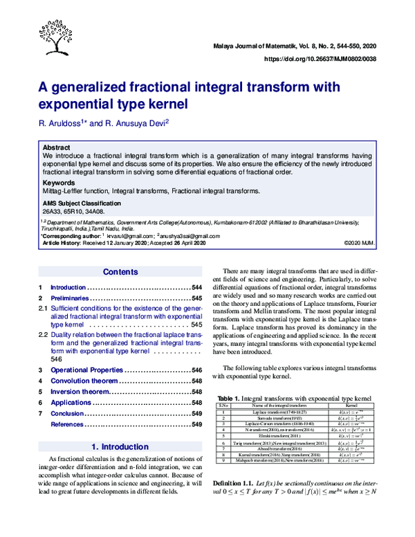(PDF) A generalized fractional integral transform with exponential type kernel | Anusuya Devi ...