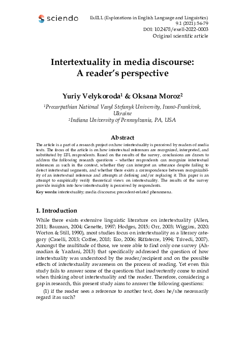 (PDF) Intertextuality in media discourse: A reader’s perspective