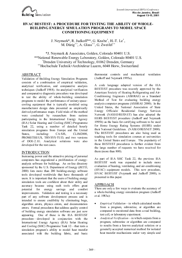Pdf Hvac Bestest A Procedure For Testing The Ability Of Whole Building Energy Simulation