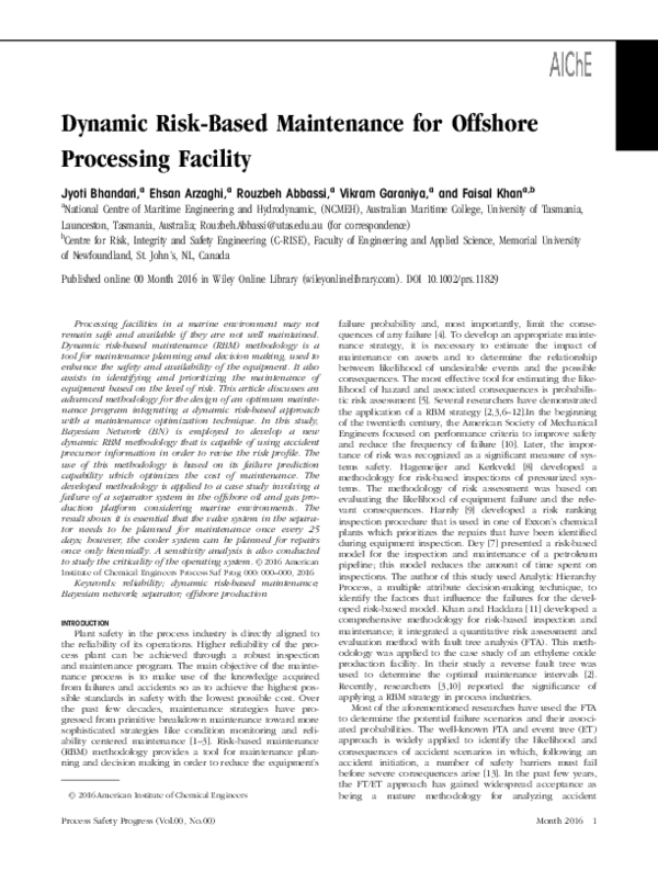 (PDF) Dynamic risk-based maintenance for offshore processing facility
