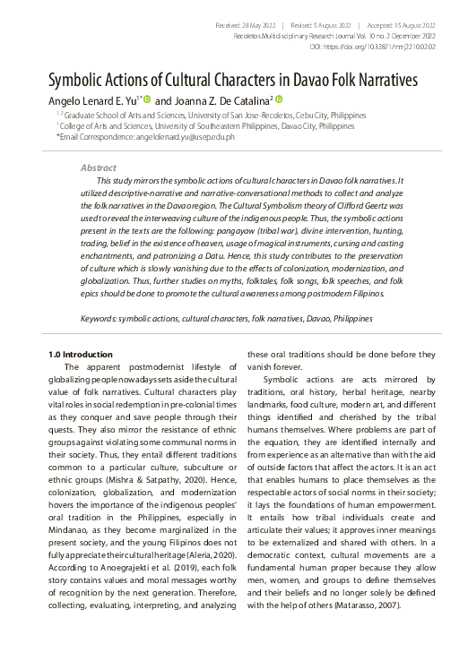 (PDF) Symbolic Actions of Cultural Characters in Davao Folk Narratives