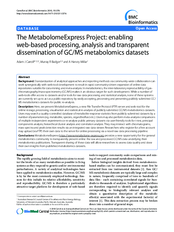 (PDF) The MetabolomeExpress Project: enabling web-based processing ...