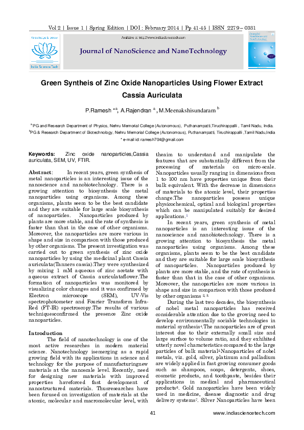 (PDF) Green Syntheis of Zinc Oxide Nanoparticles Using Flower Extract Cassia Auriculata