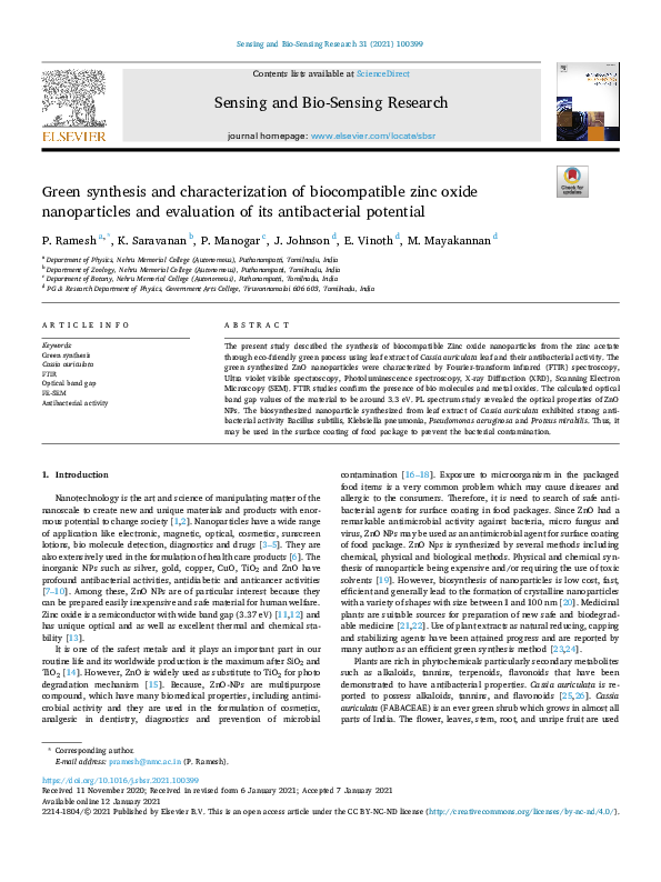 (PDF) Green synthesis and characterization of biocompatible zinc oxide nanoparticles and ...
