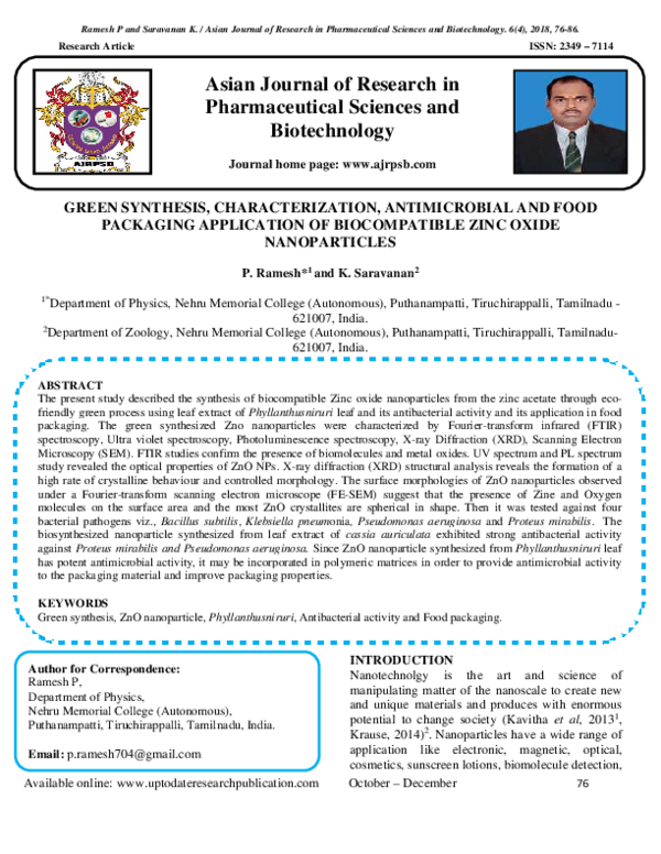 (PDF) GREEN SYNTHESIS, CHARACTERIZATION, ANTIMICROBIAL AND FOOD PACKAGING APPLICATION OF ...