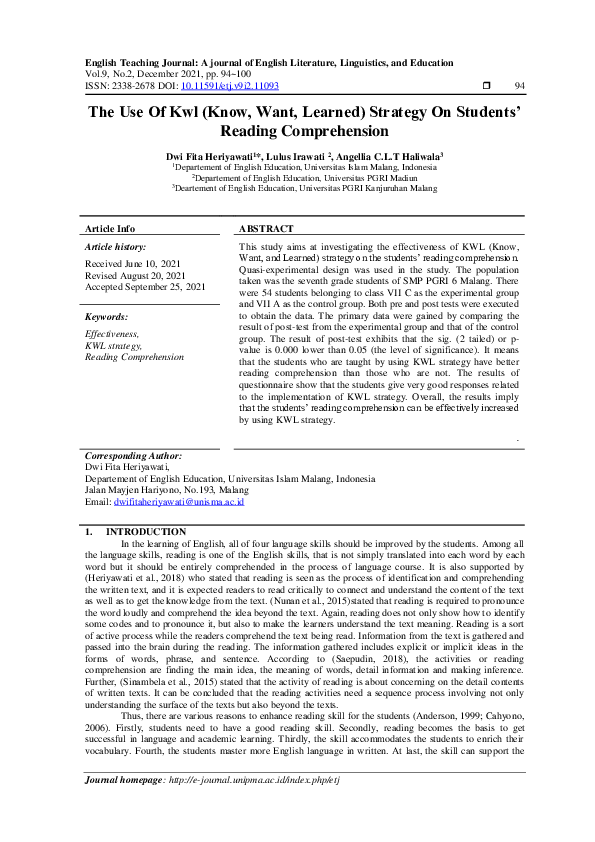 (PDF) The Use of KWL (Know, Want, Learned) Strategy on Students’ Reading Comprehension