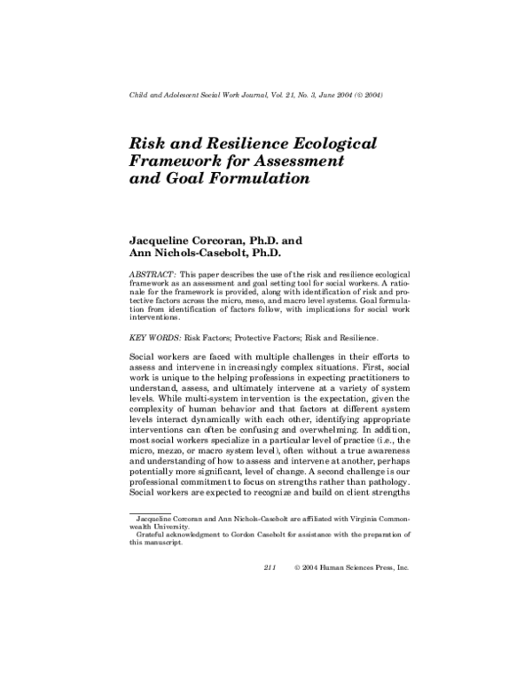(PDF) Risk and Resilience Ecological Framework for Assessment and Goal Formulation
