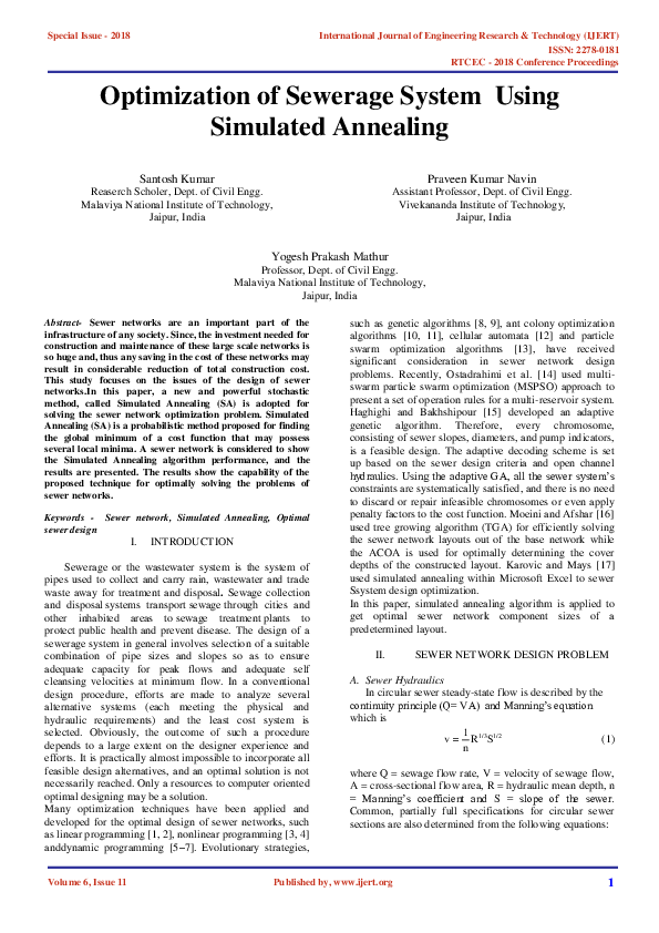 (PDF) Optimization of Sewerage System Using Simulated Annealing (PDF) Optimization of Sewerage System Using Simulated Annealing