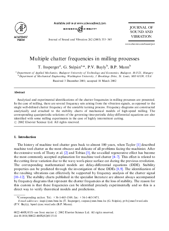 (PDF) Multiple chatter frequencies in milling processes | Philip Bayly - Academia.edu