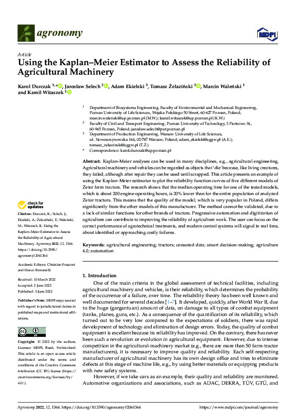 (PDF) Using the Kaplan–Meier Estimator to Assess the Reliability of Agricultural Machinery