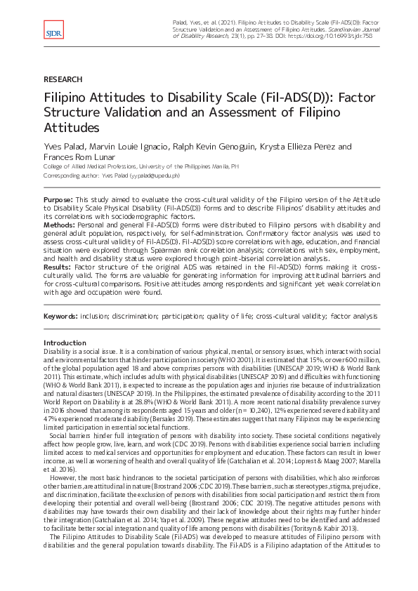(PDF) Filipino Attitudes to Disability Scale (Fil-ADS(D)): Factor Structure Validation and an ...
