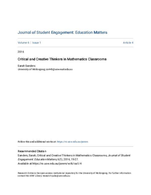 (PDF) Critical and Creative Think ers in Mathematics Classrooms