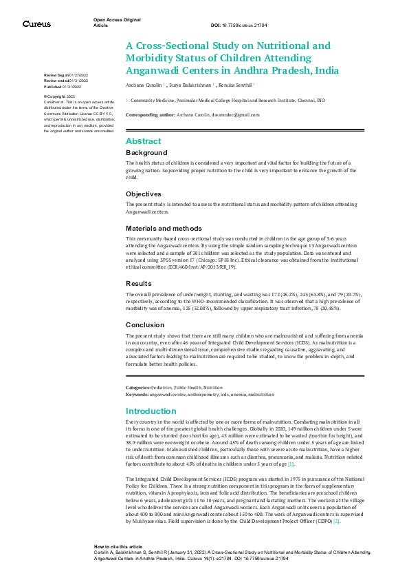 (PDF) A Cross-Sectional Study on Nutritional and Morbidity Status of Children Attending ...