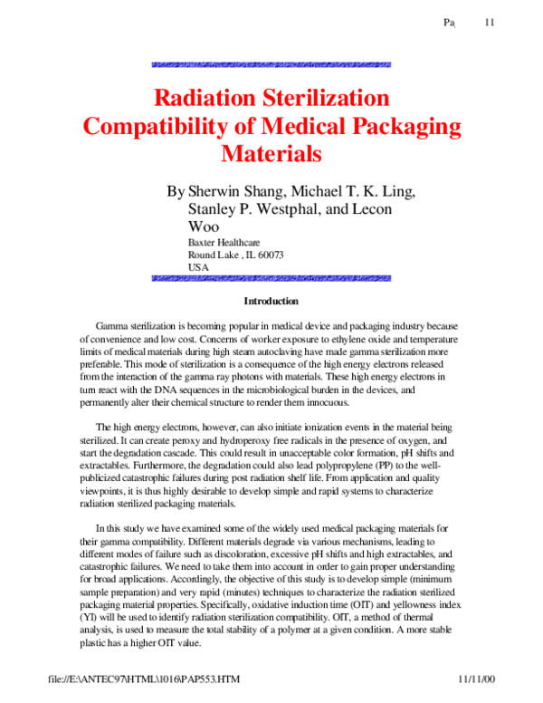 (PDF) Radiation Sterilization Compatibility of Medical Packaging Materials
