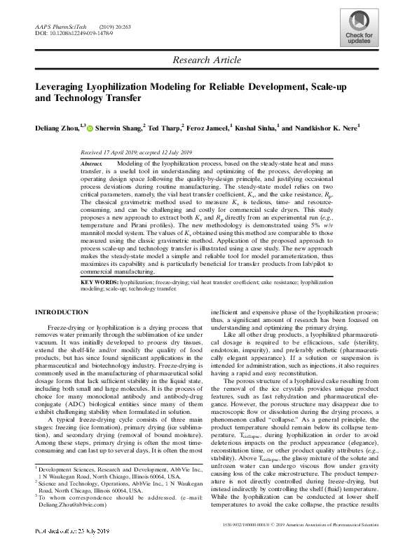(PDF) Leveraging Lyophilization Modeling for Reliable Development, Scale-up and Technology Transfer