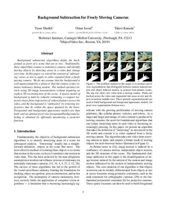 (PDF) Background Subtraction for Freely Moving Cameras