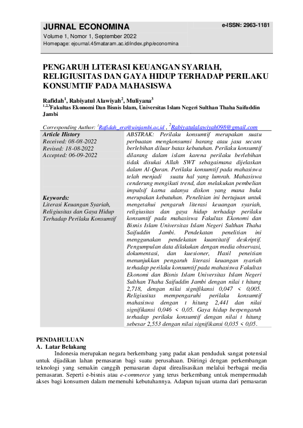 (PDF) Pengaruh Literasi Keuangan Syariah, Religiusitas Dan Gaya Hidup Terhadap Perilaku ...