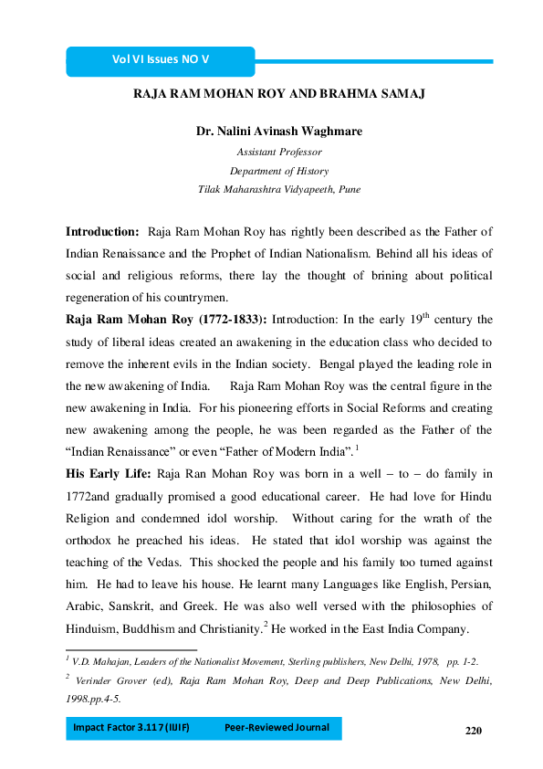 (PDF) Raja Ram Mohan Roy and Brahma Samaj | Nalini Waghmare - Academia.edu
