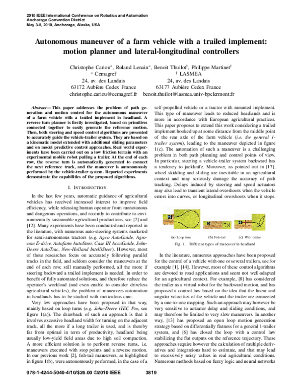 (PDF) Autonomous maneuver of a farm vehicle with a trailed implement: motion planner and lateral ...