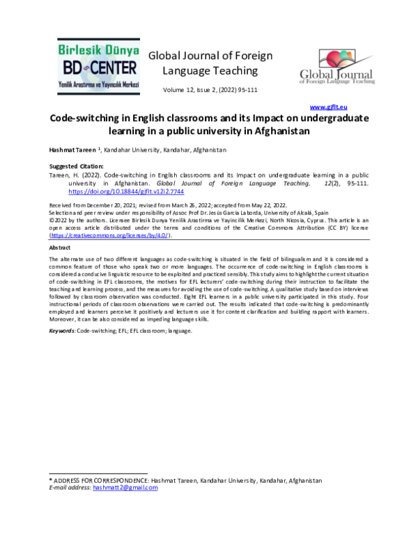 (PDF) Code-switching in English classrooms and its Impact on undergraduate learning in a public ...