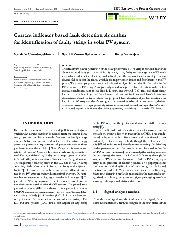 Pdf Current Indicator Based Fault Detection Algorithm For Identification Of Faulty String In