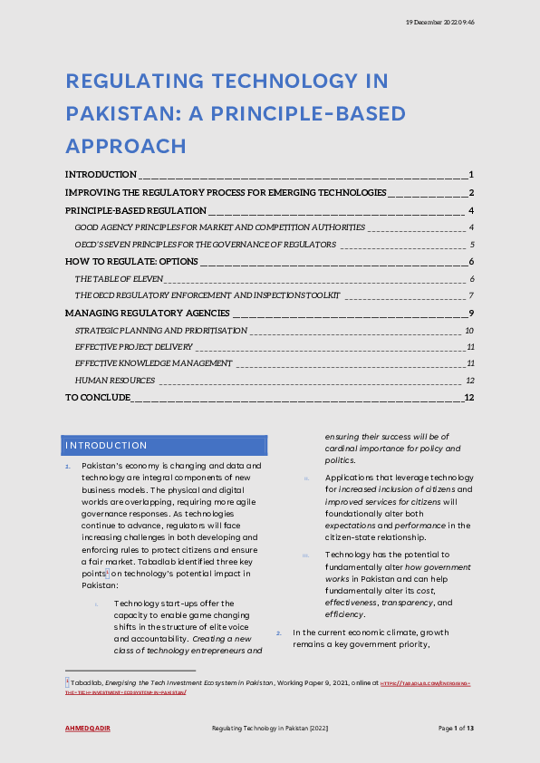 (PDF) REGULATING TECHNOLOGY IN PAKISTAN: A PRINCIPLE-BASED APPROACH