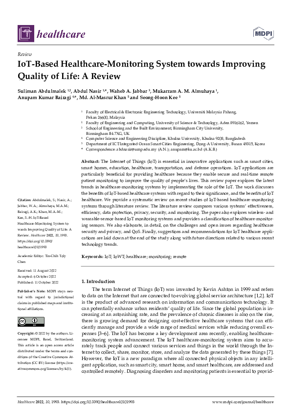 (PDF) IoT-Based Healthcare-Monitoring System towards Improving Quality of Life: A Review