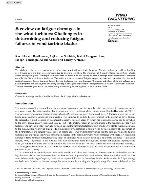 (PDF) A review on fatigue damages in the wind turbines: Challenges in ...