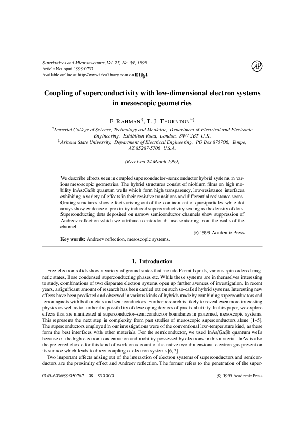 (PDF) Coupling of superconductivity with low-dimensional electron systems in mesoscopic geometries