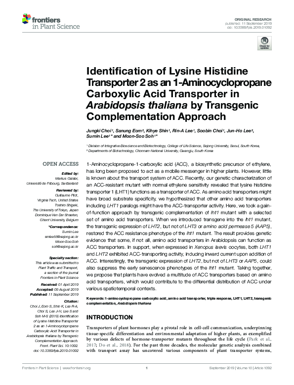 (PDF) Identification of Lysine Histidine Transporter 2 as an 1-Aminocyclopropane Carboxylic Acid ...