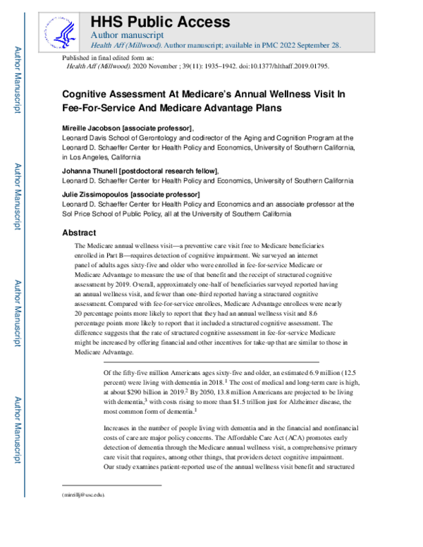 (PDF) Cognitive Assessment At Medicare’s Annual Wellness Visit In Fee ...