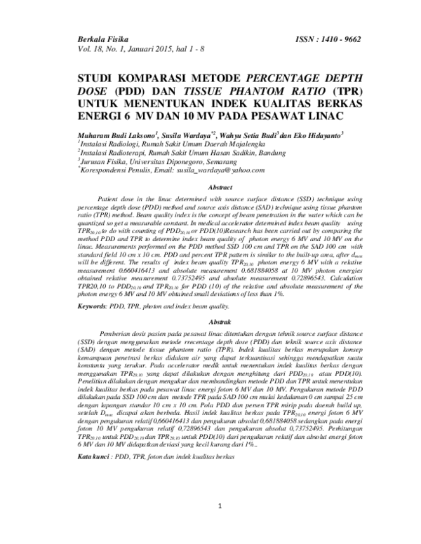 (PDF) Studi Komparasi Metode Percentage Depth Dose (PDD) Dan Tissue Phantom Ratio (TPR) Untuk ...