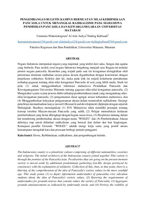 (PDF) PENGEMBANGAN BULETIN KAMPUS BERMUATAN NILAI KEBHINEKAAN PANCASILA UNTUK MENANGKAL ...